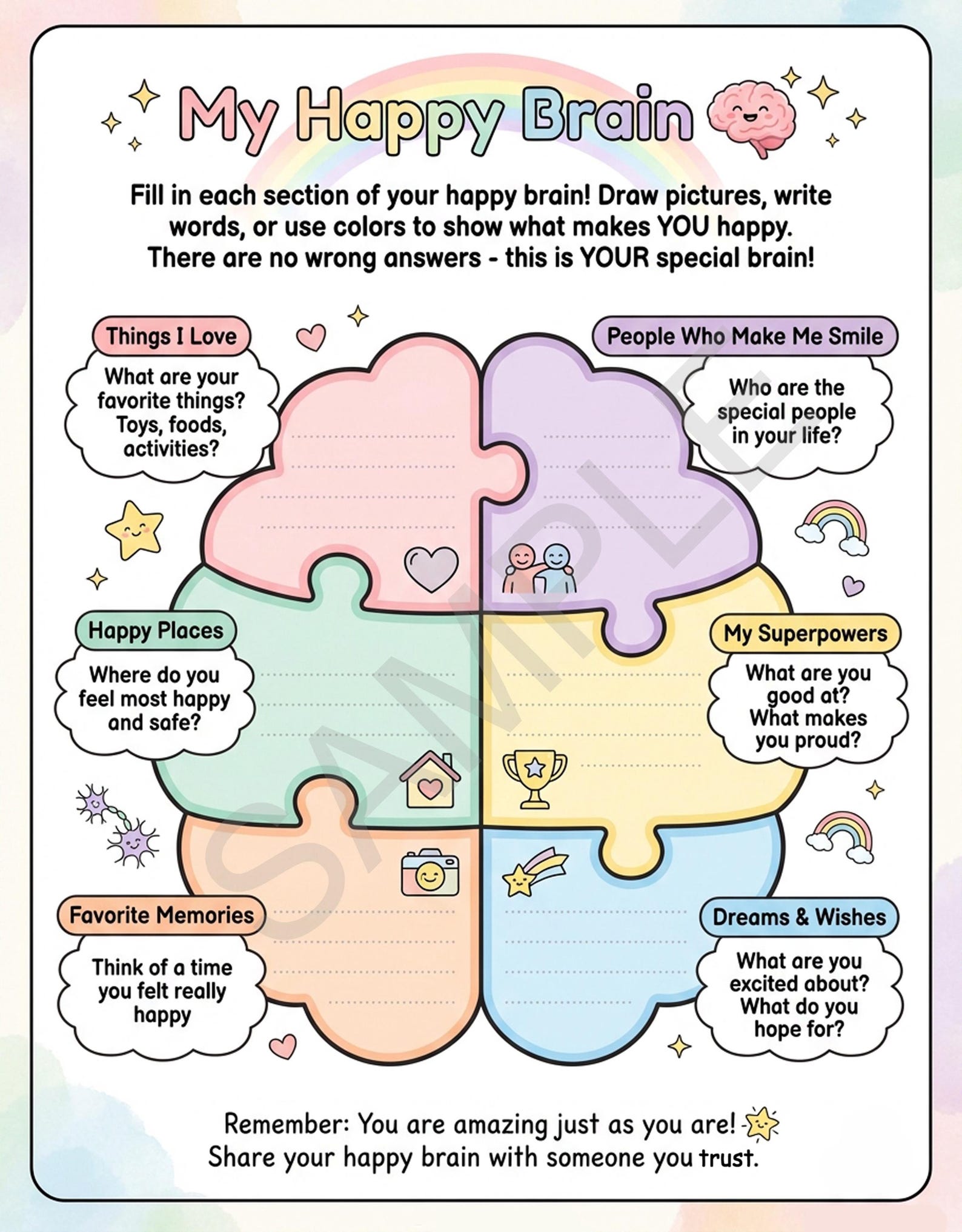 Happy Brain Worksheet for Kids | Brain-shaped Puzzle Reflection ...