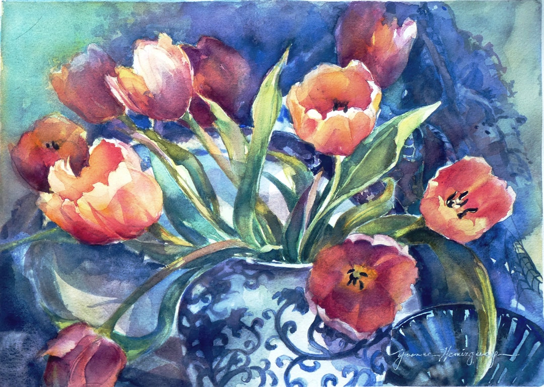 Tulips and Blue China Original Watercolor Painting of Red Tulips in ...