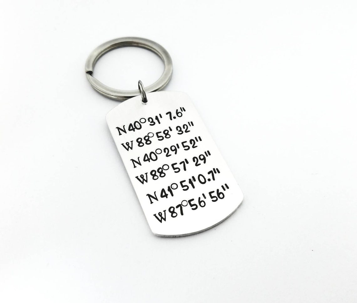 Hand Stamped Geo Coordinate Keychain Location Keychain - Etsy