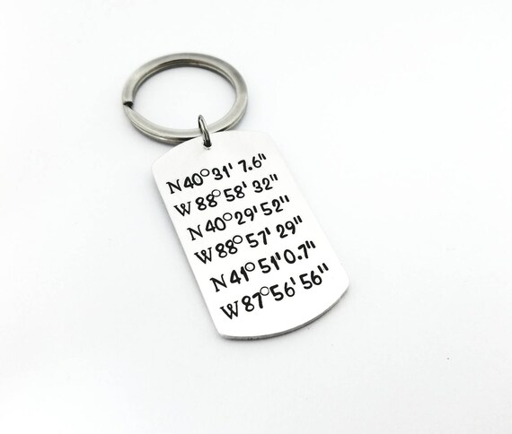 Hand Stamped Geo Coordinate Keychain Location Keychain - Etsy
