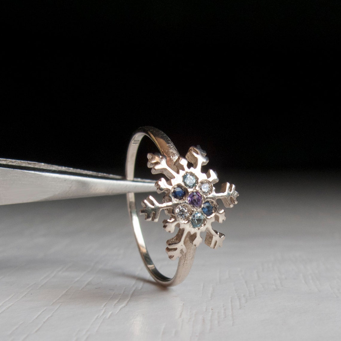 White Gold Snowflake Ring With London Blue Topaz, Blue Sapphire and ...