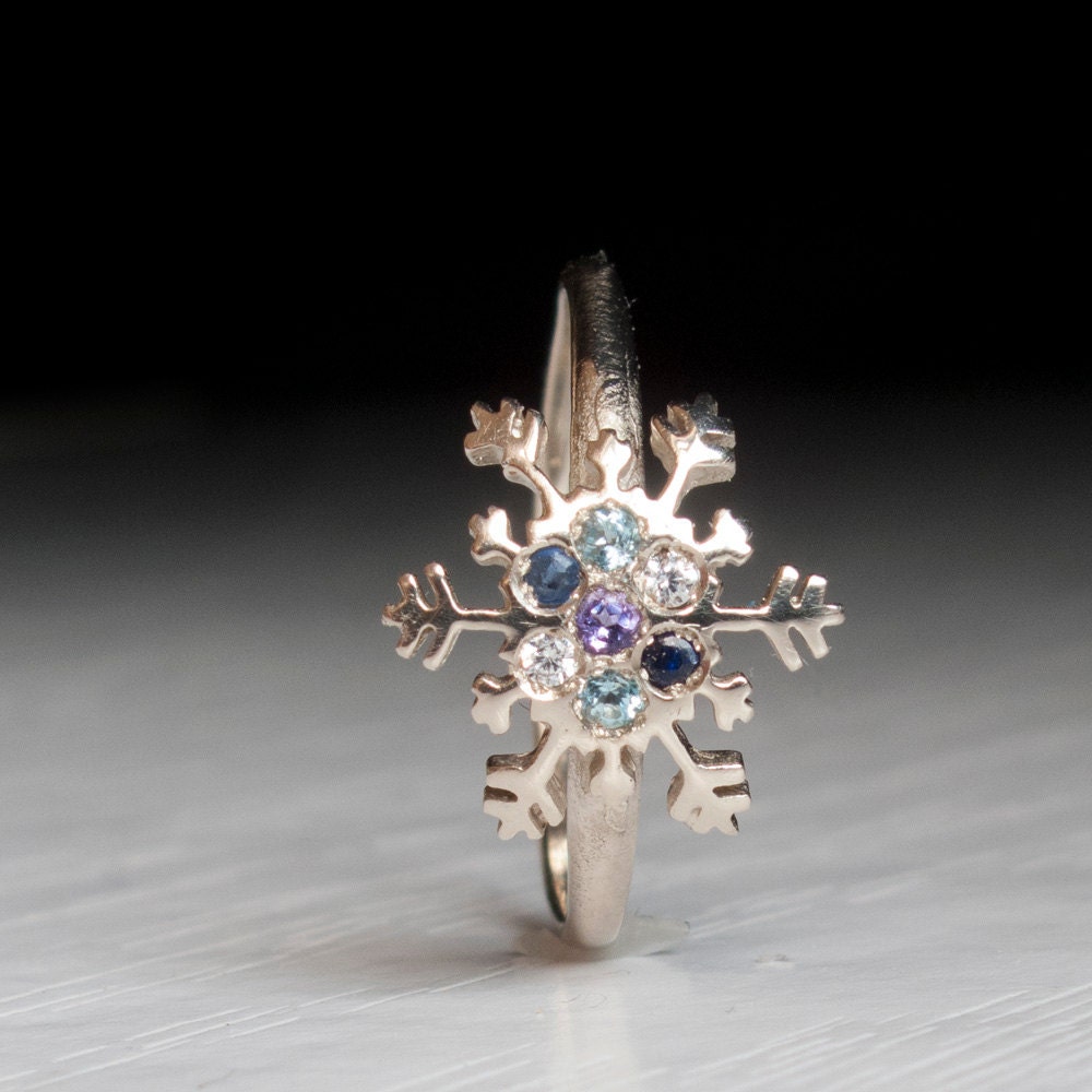 White Gold Snowflake Ring With London Blue Topaz, Blue Sapphire and ...