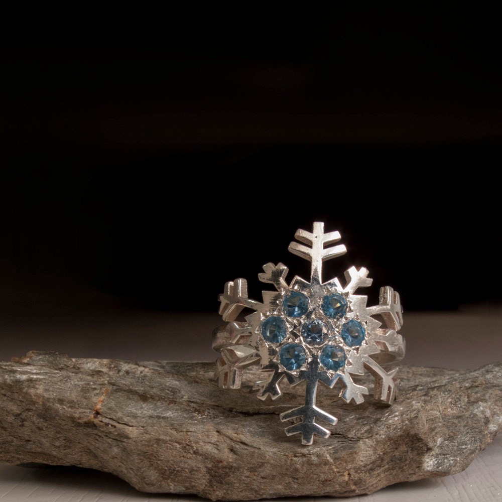 Snowflake Silver Ring Blue Topaz Gemstone Something Blue | Etsy