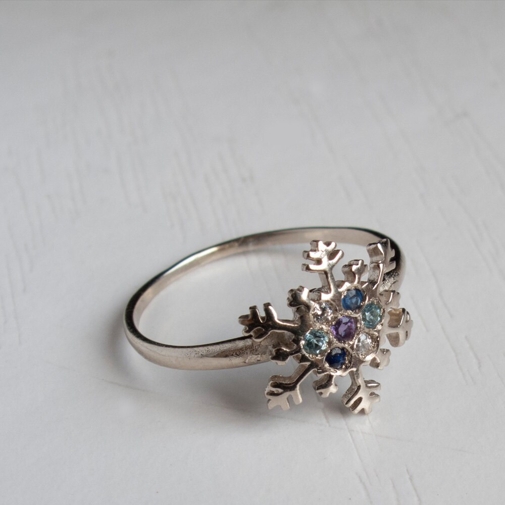 White Gold Snowflake Ring With London Blue Topaz, Blue Sapphire and ...