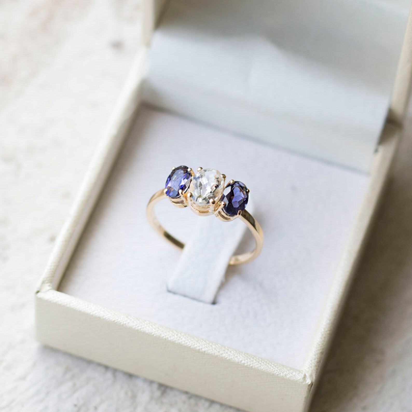 Oval White Sapphire and Iolite Ring, Sapphire and Iolite, Oval Ring ...