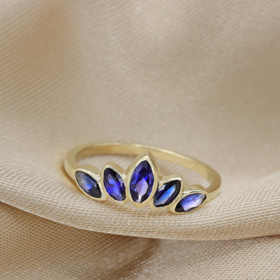 Blue Sapphire Chevron Gold Ring Set With Marquise Cut Blue | Etsy