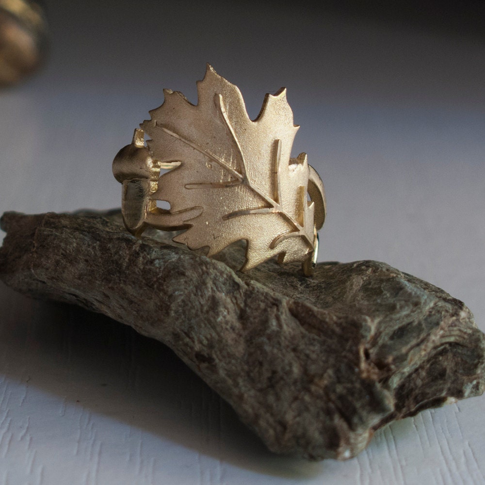 Acorn and Oak Leaf Solid Gold Ring - Leaves Ring - Leaf Ring - 14K Gold ...