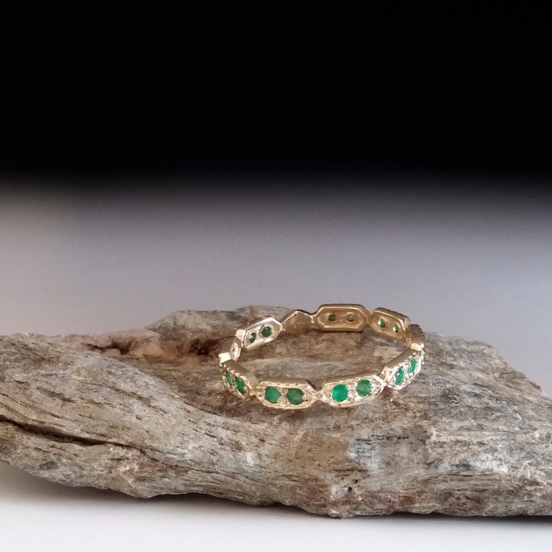 Emerald Eternity Ring - Green Stone Ring - Thin Band - Dainty Gold Ring ...