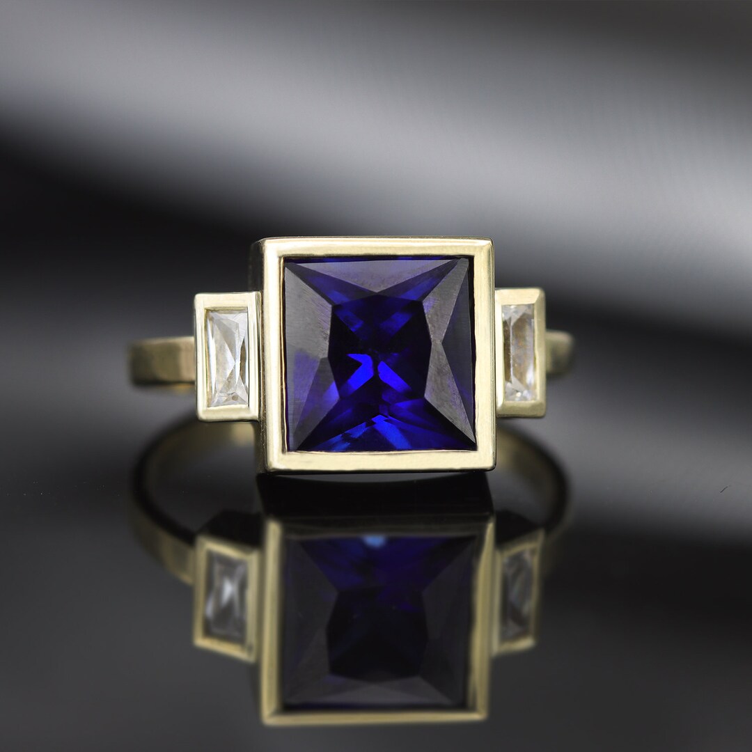 Blue Sapphire Gold Ring - Princess Cut - White Sapphires Baguettes ...