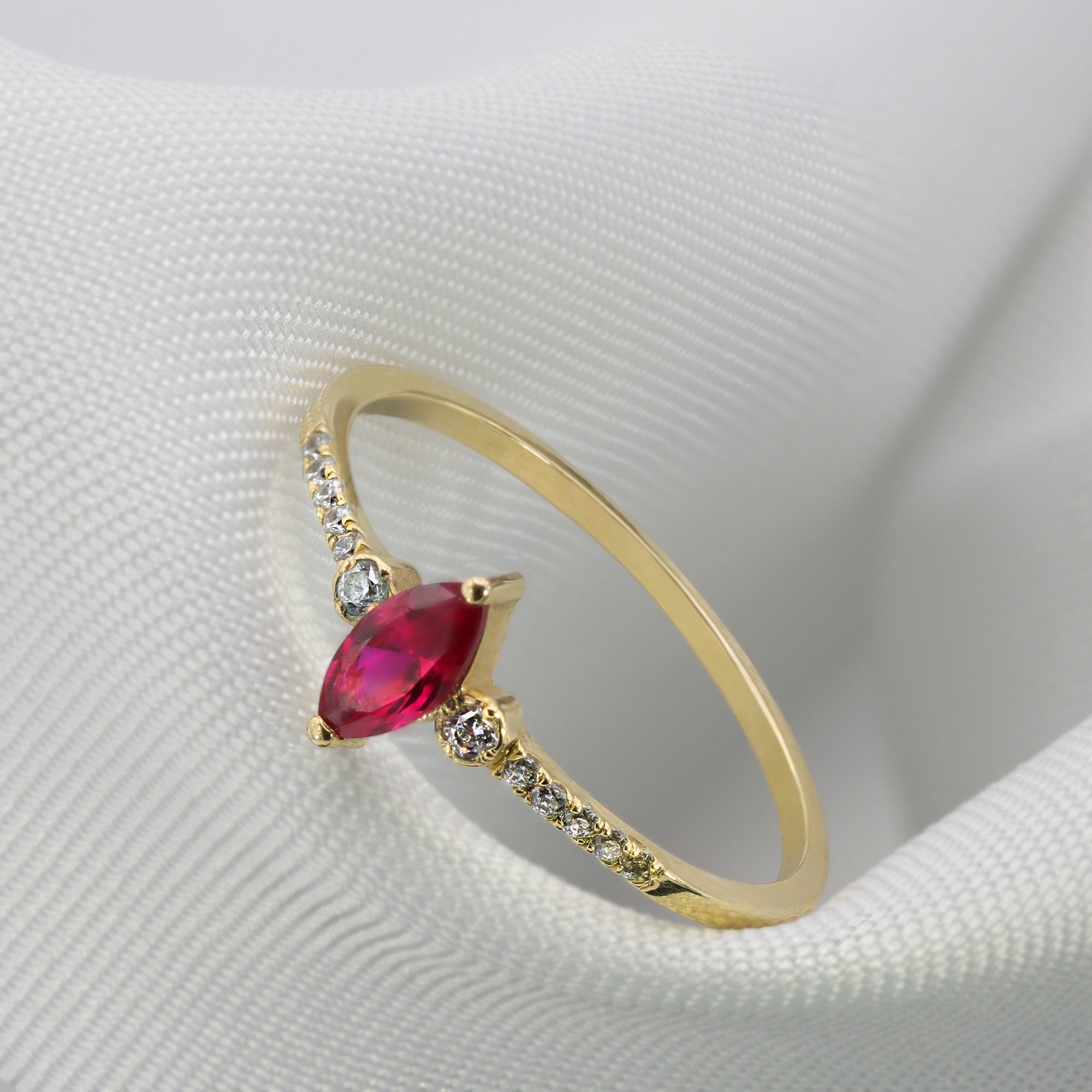 Ruby Diamond Ring - Marquise Cut Gemstone Ring - Vintage - Engagement ...