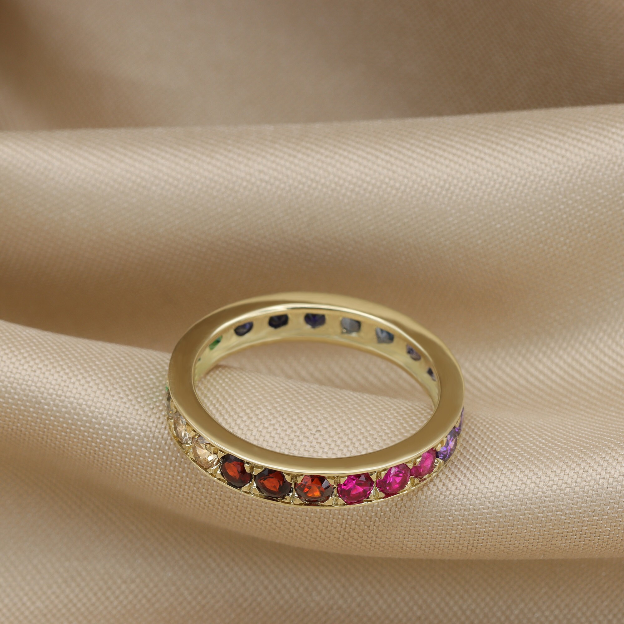 Rainbow Eternity Ring Gold Gradient Sapphire Emerald - Etsy