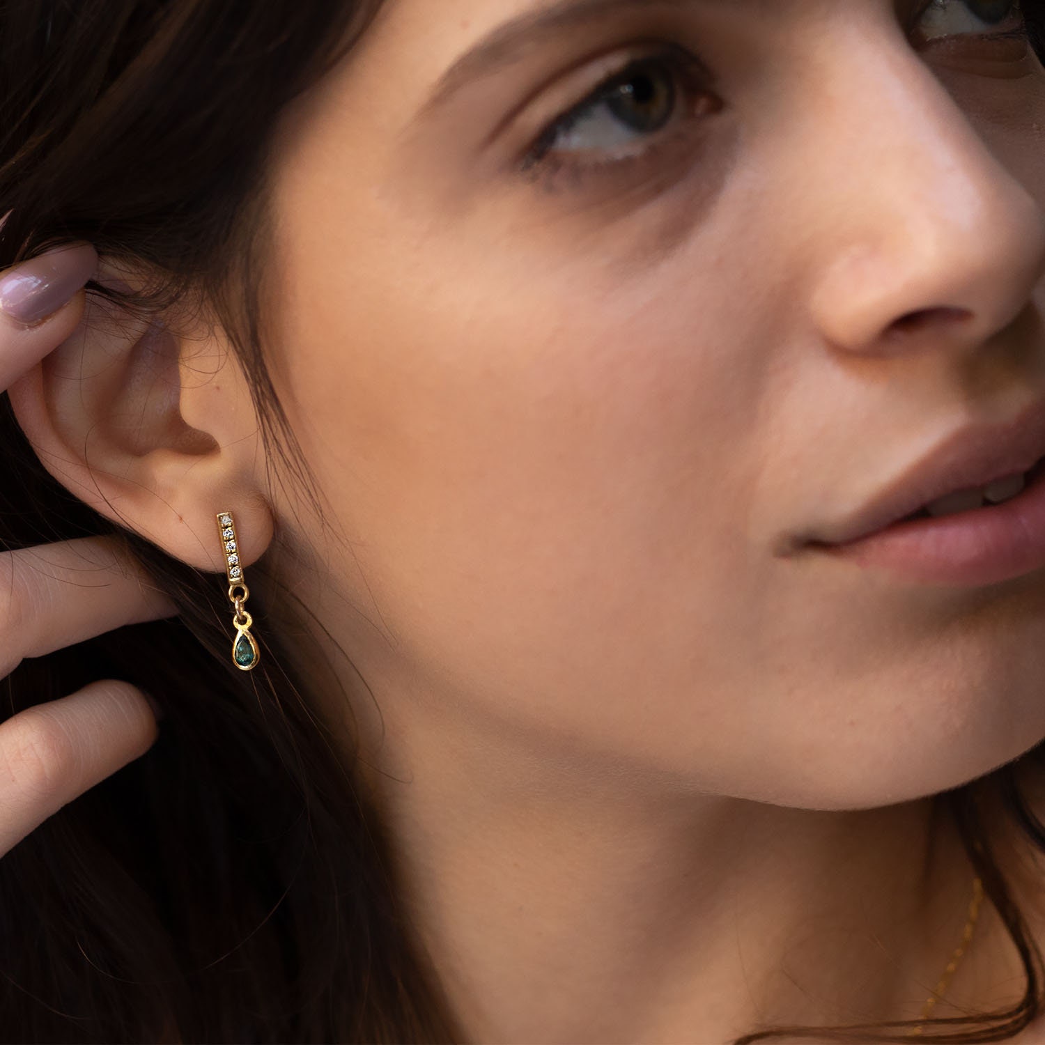 Diamond bar earrings Green tourmaline gemstone earrings | Etsy