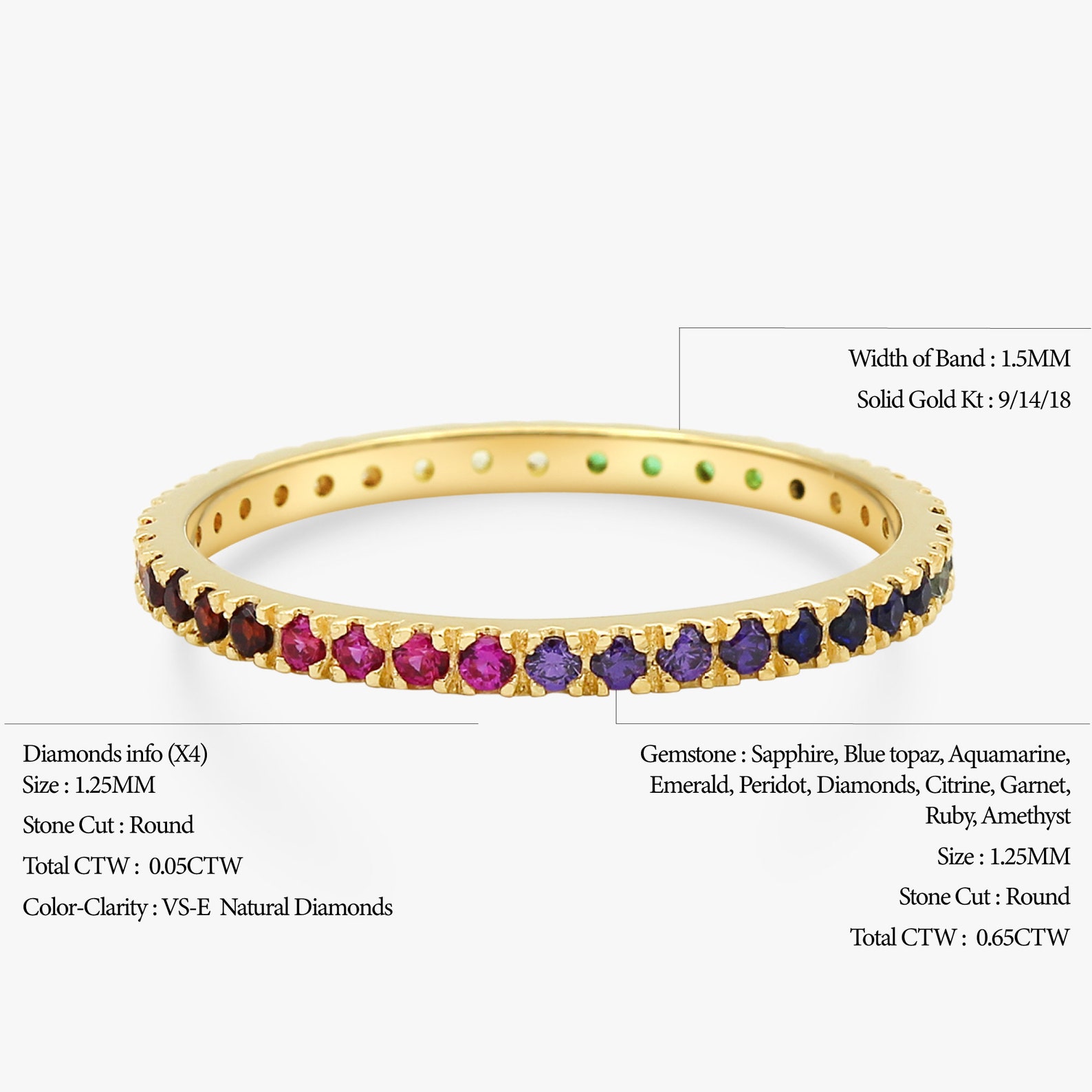 Rainbow Eternity Ring With 4 Diamonds and Natural Gemstones | Etsy