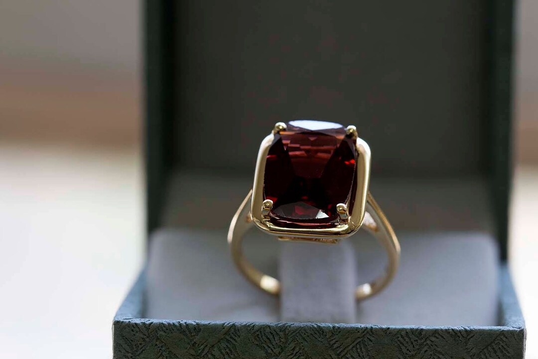 Large Garnet Gold Ring - Emerald Cut - Cocktail Ring - Red Stone ...