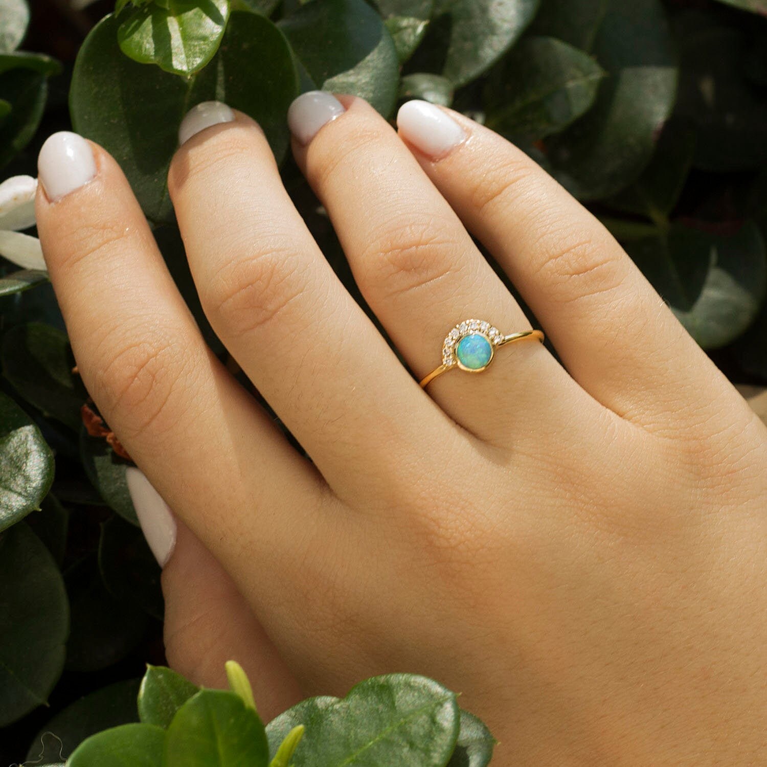 Half Halo Blue Opal Ring, Fan Ring, Half Halo Diamond and Blue Opal ...