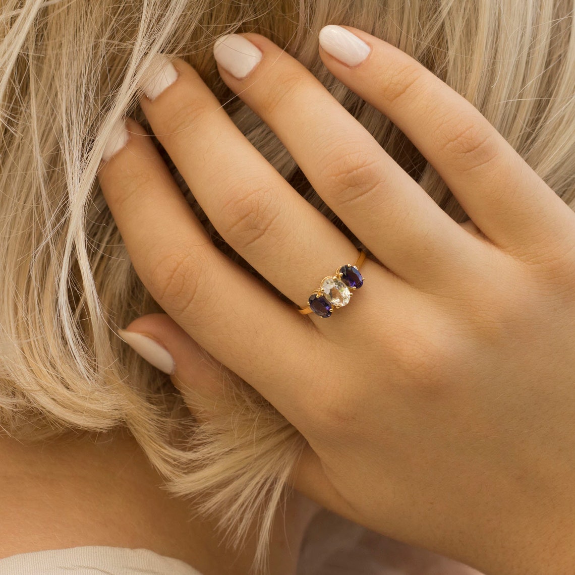 Oval White Sapphire and Iolite Ring, Sapphire and Iolite, Oval Ring ...