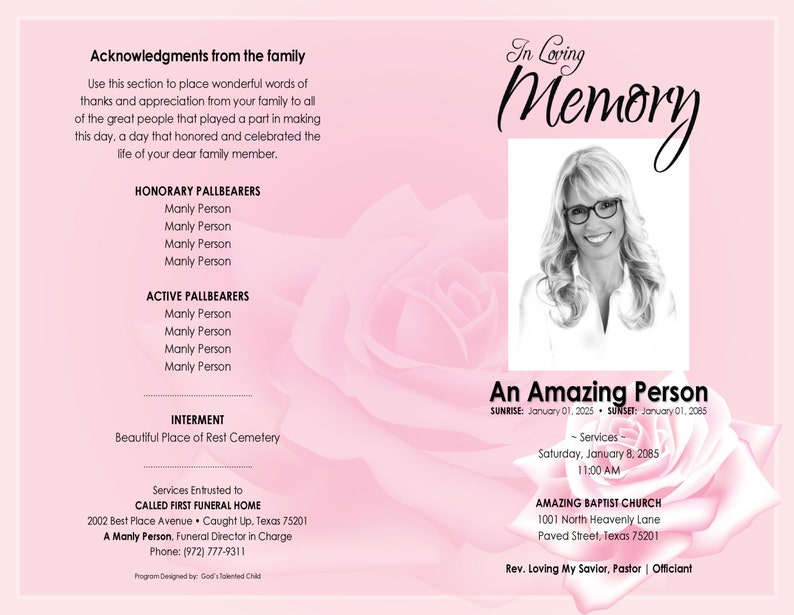 11x17 PINK ROSE Printable Funeral Program Template Etsy