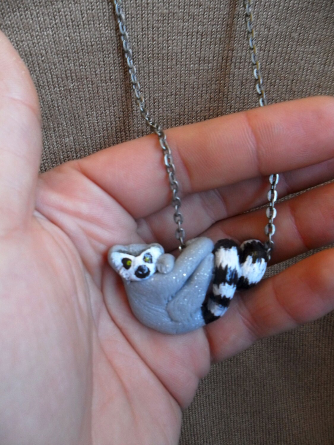 Ring-tailed Lemur Necklace - Animal Pendant Necklace - Ploymer Clay ...
