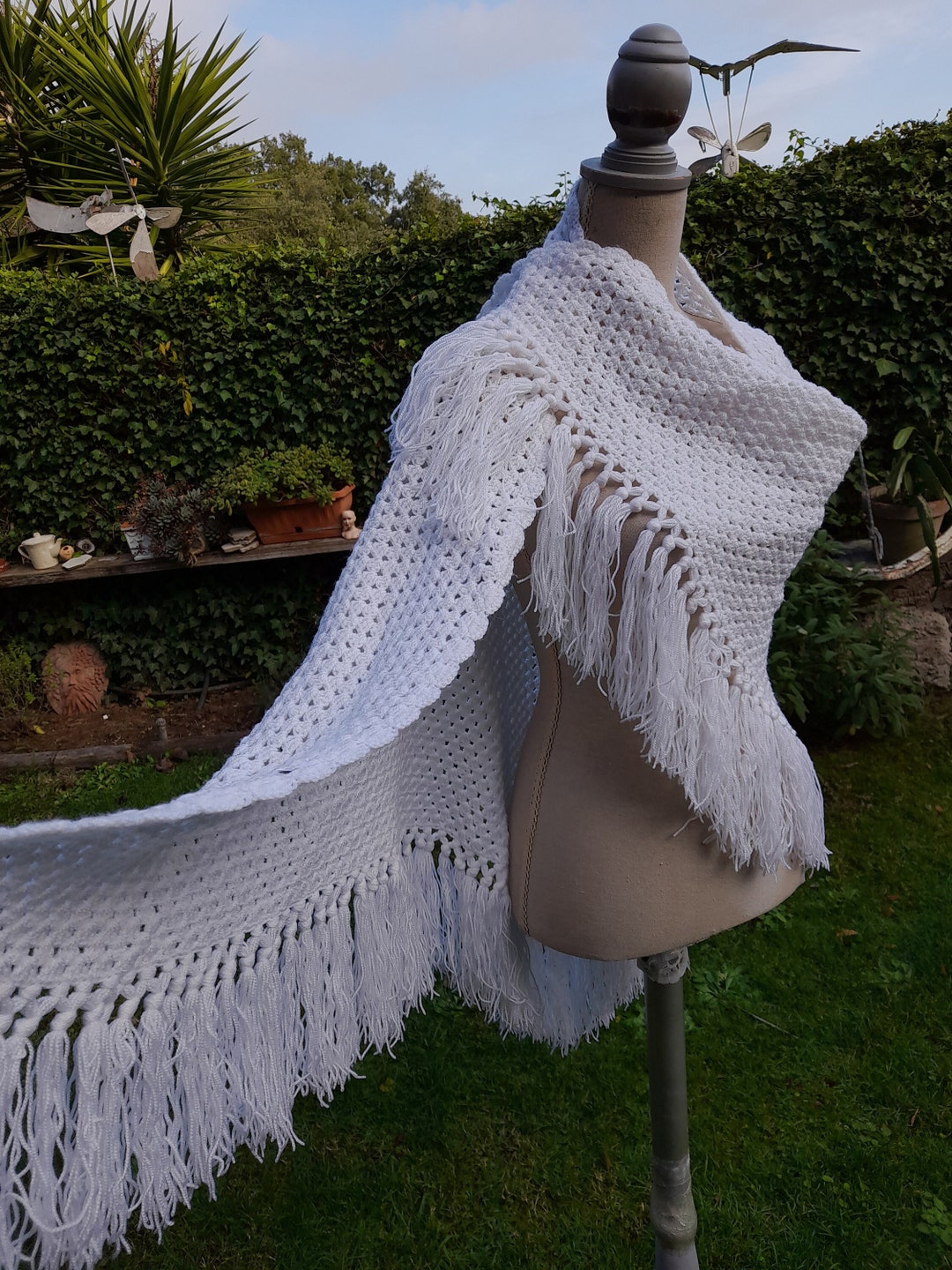 Vintage Chic White BRIDE Shawl With Long Fringes Shawl Stole White ...