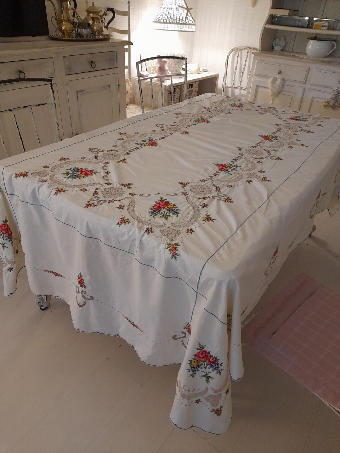 Antique Tablecloth Elegant Large White Tablecloth Vintage 40s Crochet ...