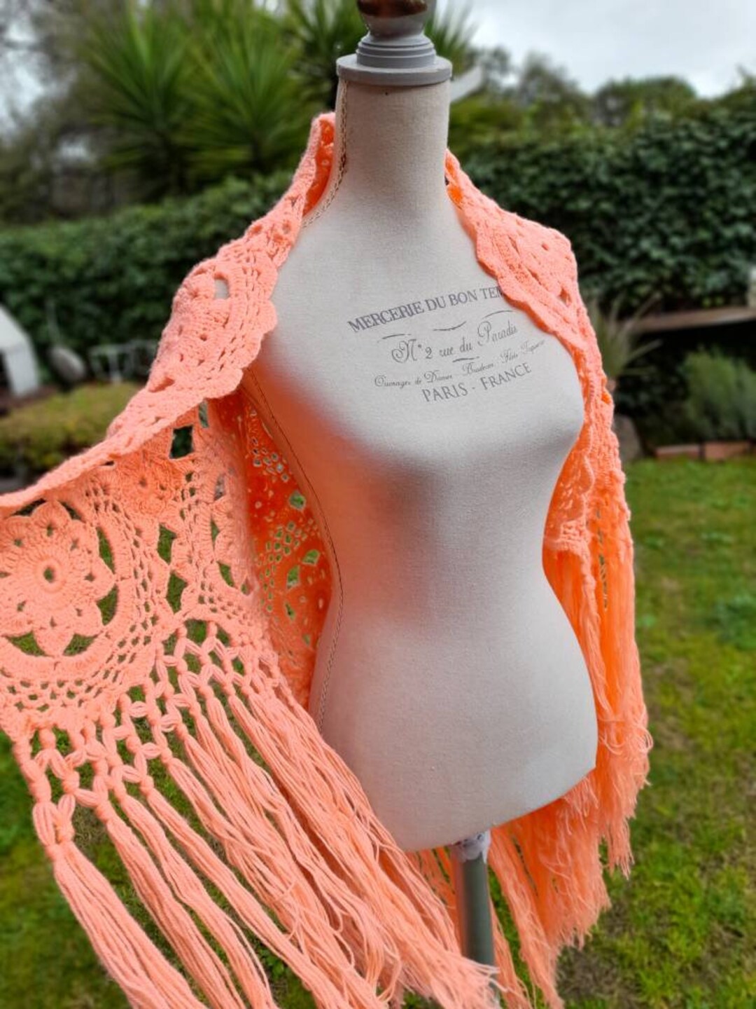 Shawl Peach Neon Shawl Vintage Color Amazing Crochet Wool 60s Accessory ...