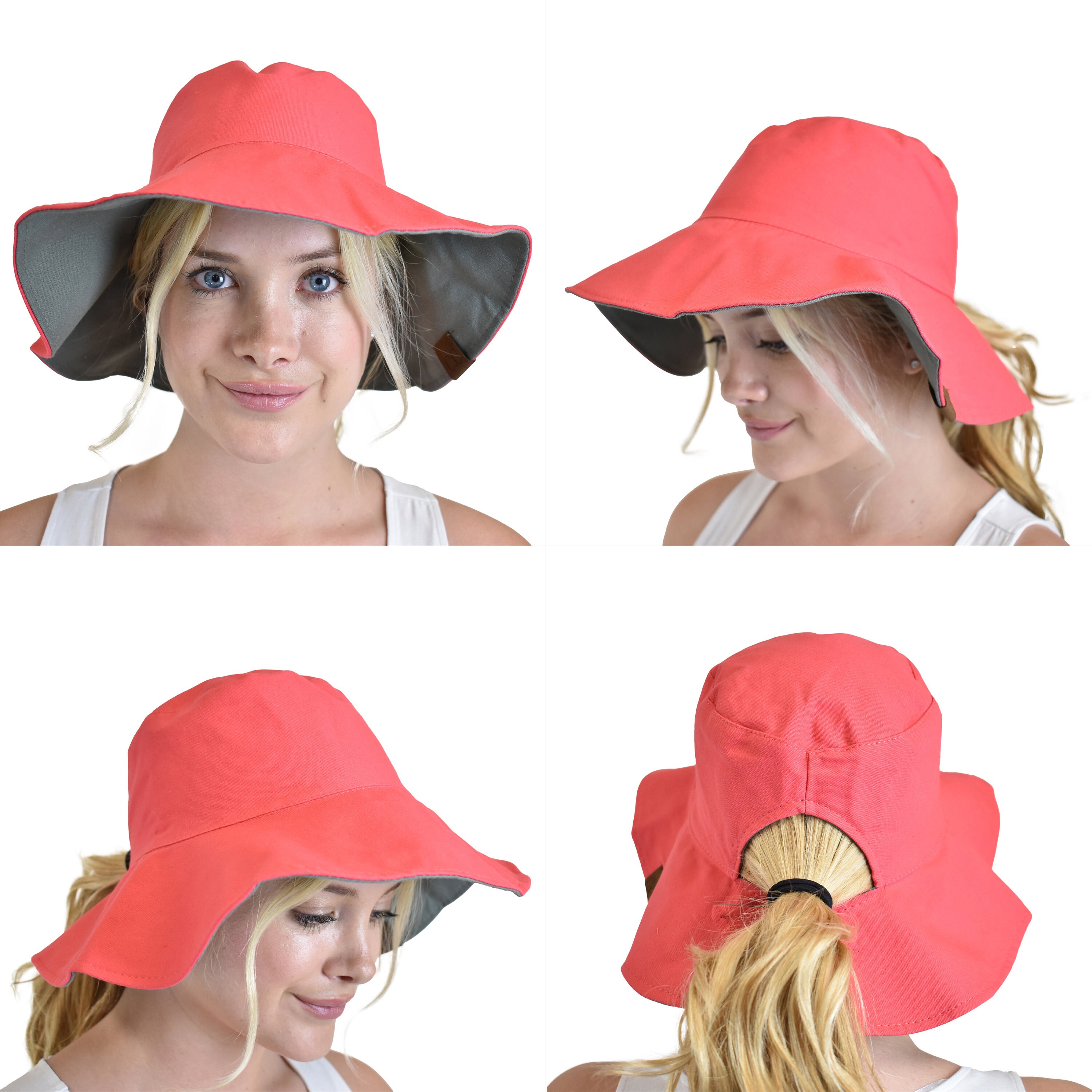 C.C Women's 100% Cotton Crushable Bucket Ponytail Messy Bun Sun Hat ...