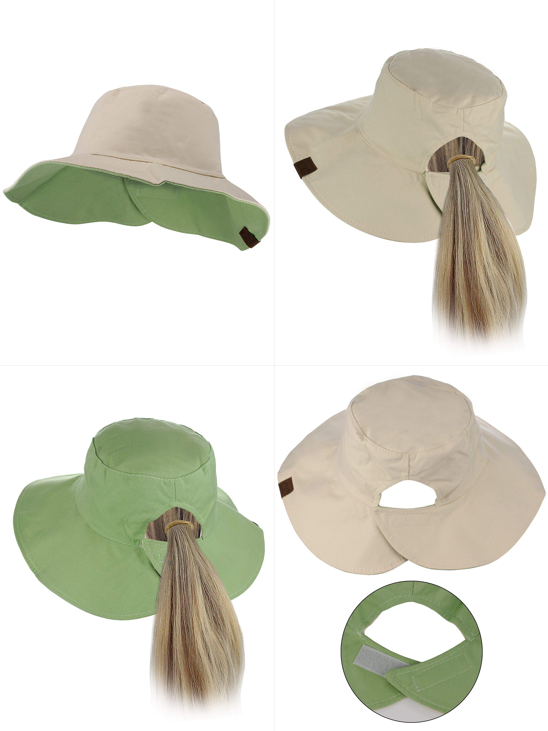 C.C Women's 100% Cotton Crushable Bucket Ponytail Messy Bun Sun Hat ...