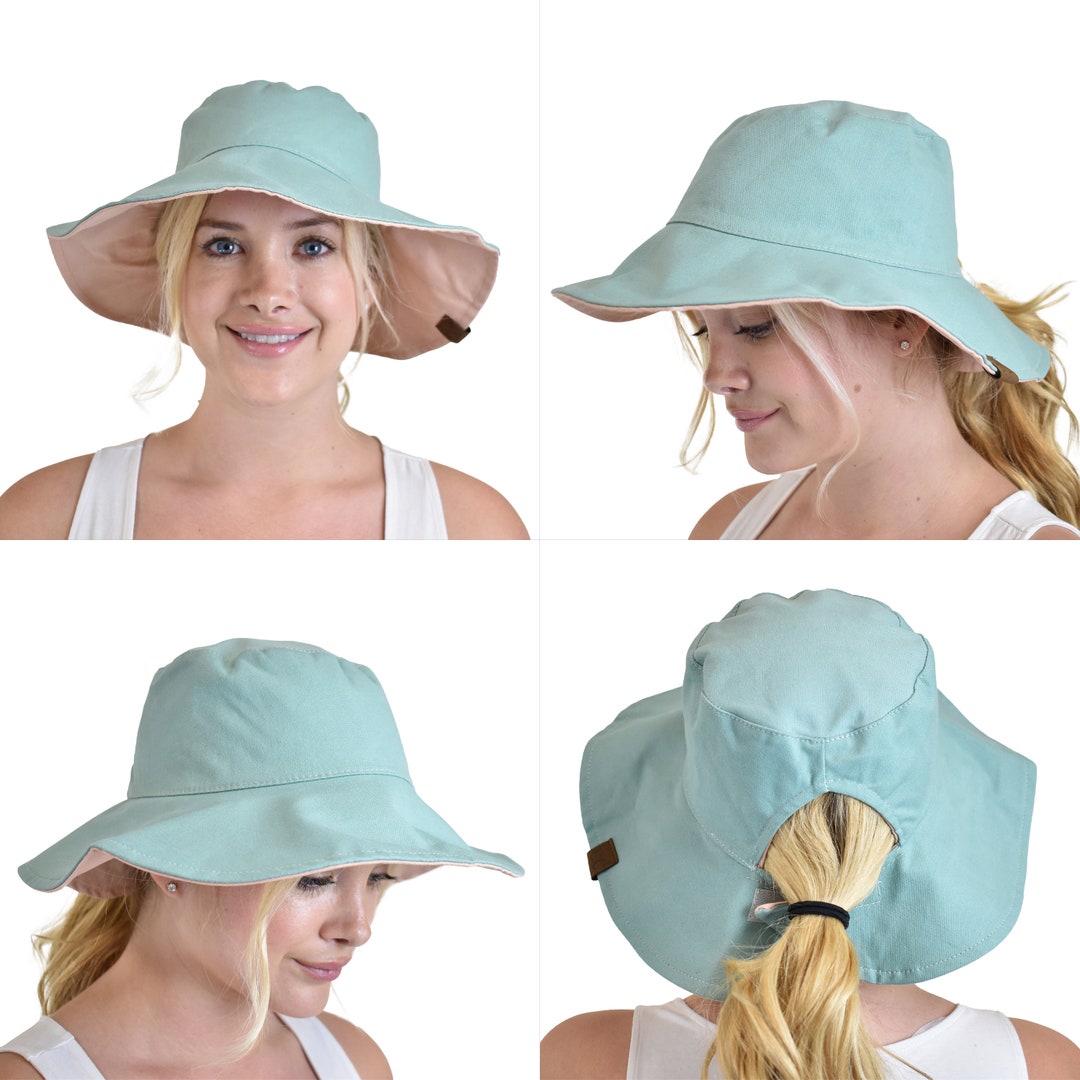 C.C Women's 100% Cotton Crushable Bucket Ponytail Messy Bun Sun Hat ...