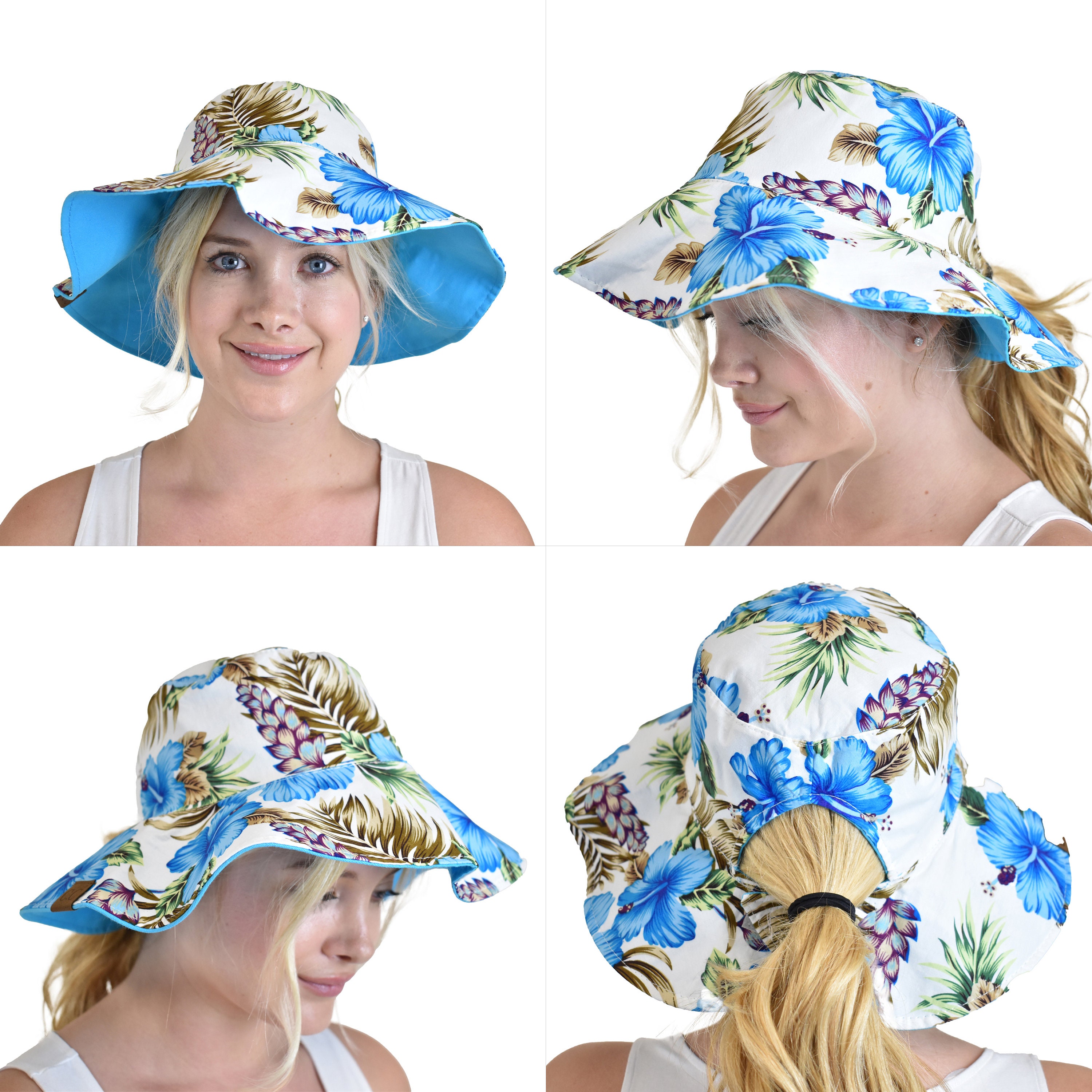 C.C Women's 100% Cotton Crushable Bucket Ponytail Messy Bun Sun Hat ...