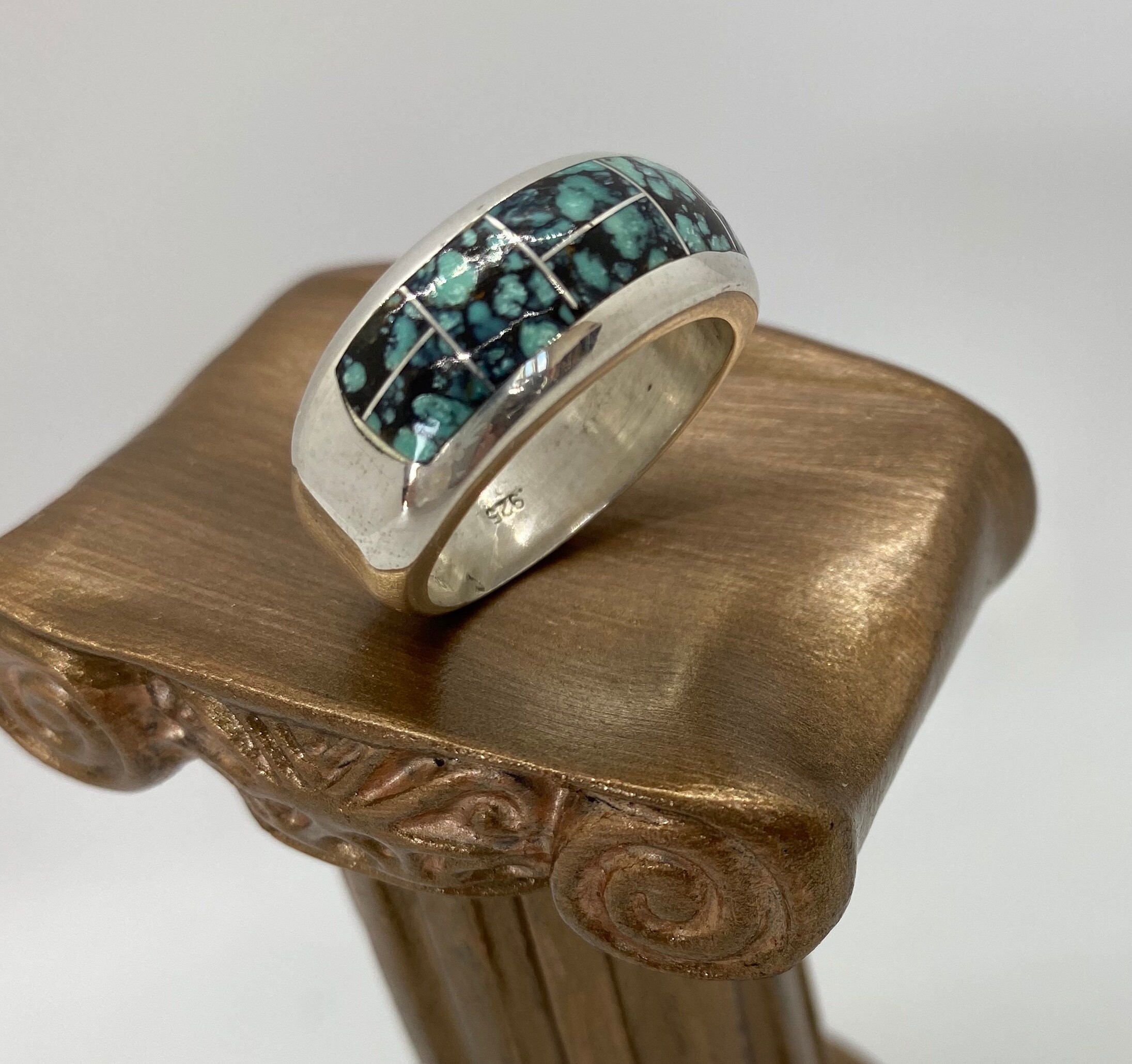 Wide Men's Sterling Silver Ring With Turquoise Inlay, Handcraft, - Etsy