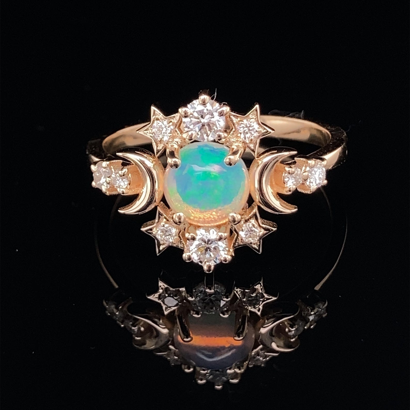 Celestial Moon Ring: Ethiopian Opal, Diamond, Sterling Silver or 14k ...