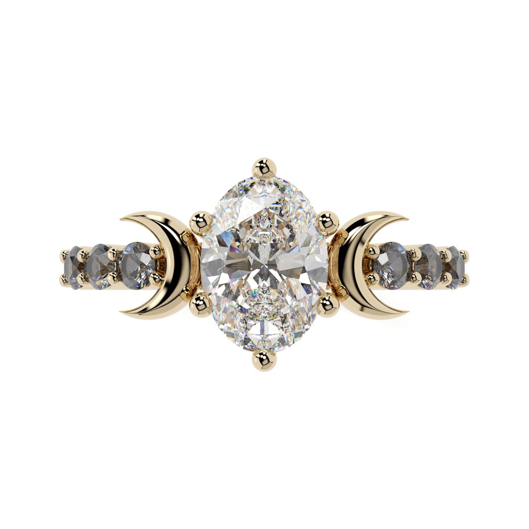 Triple Moon Goddess Ring: White Topaz & Gray Spinel, 14k Gold Hecate ...