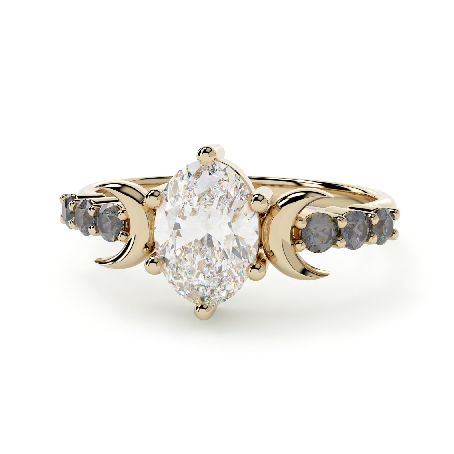 Triple Moon Goddess Ring: White Topaz & Gray Spinel, 14k Gold Hecate ...
