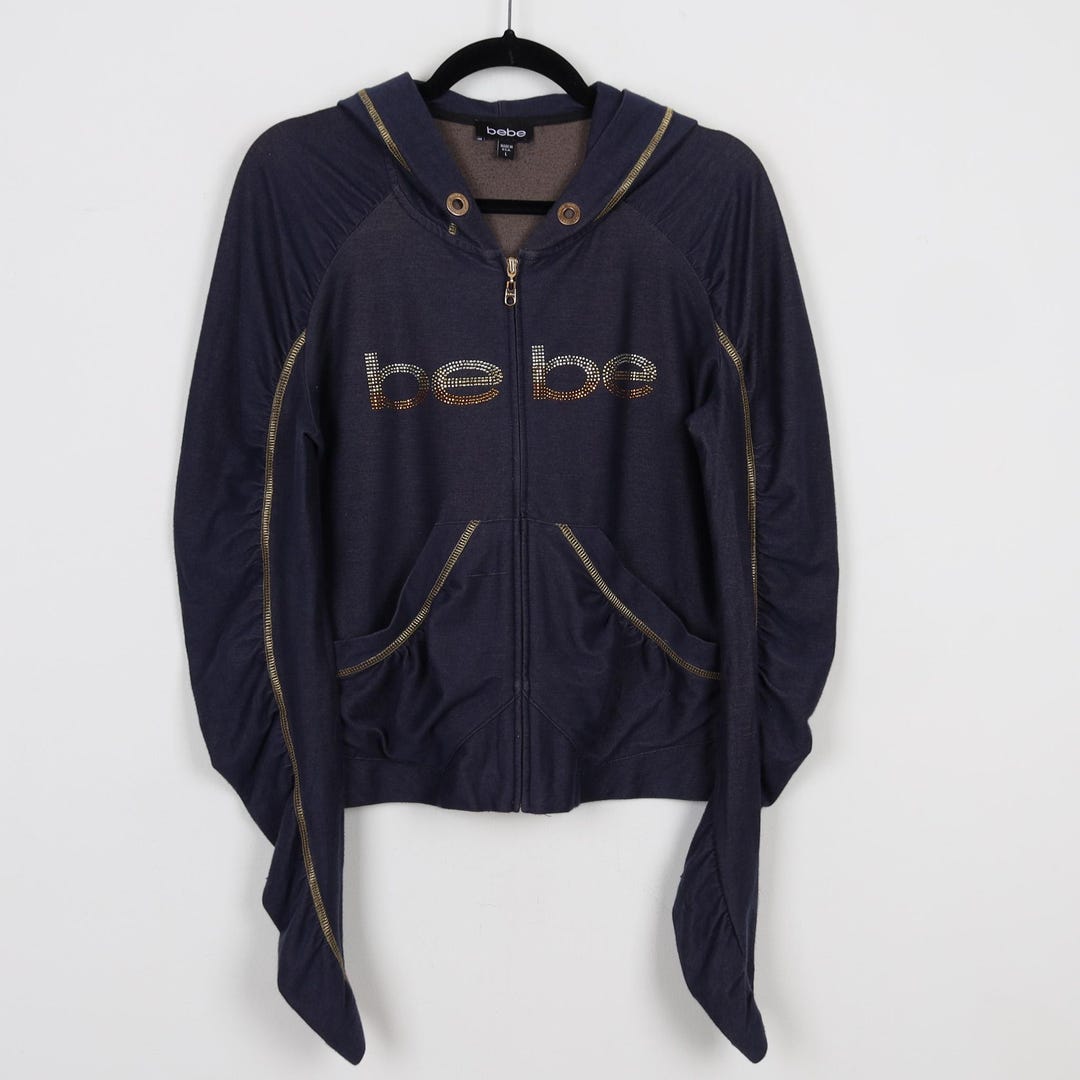Vintage Y2K BEBE Gold Bejeweled Embroidery Detail Navy Crop Top Hoody ...