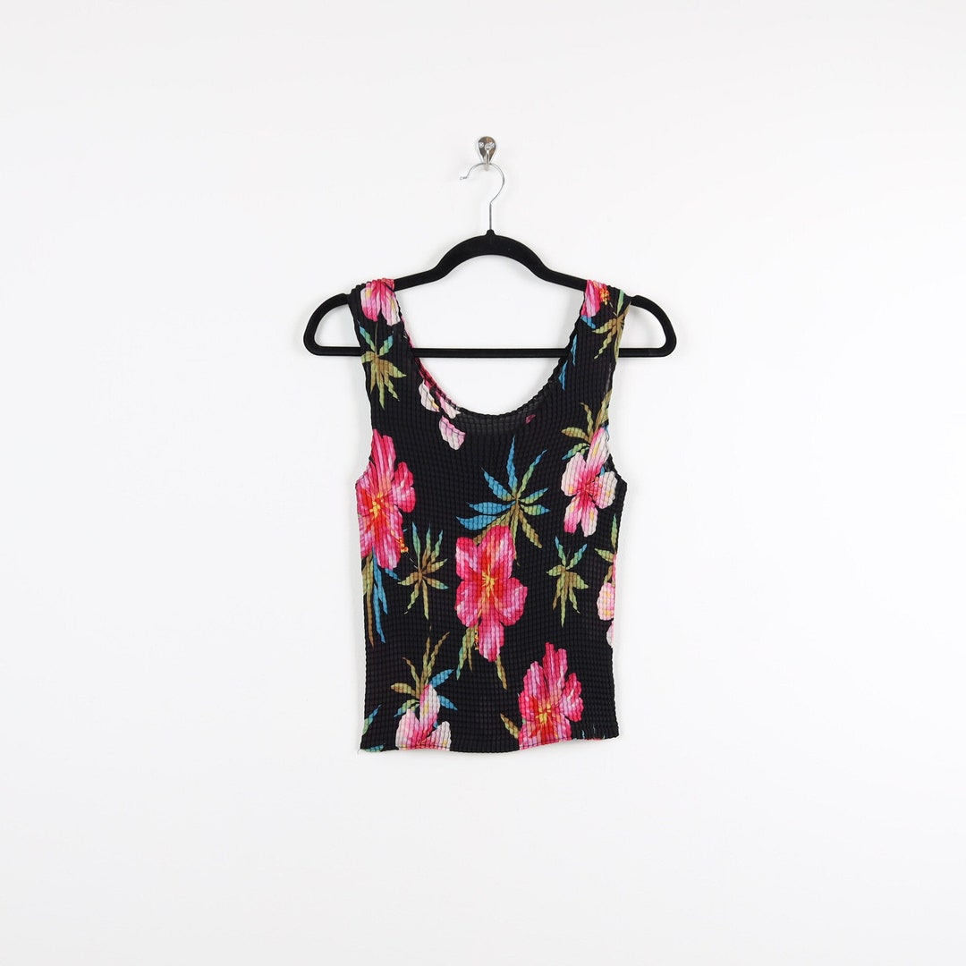 Vintage 90s Pink Floral Harajuku Popcorn Tank Top Colorful Flowers ...