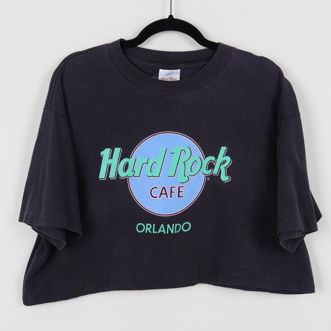 Vintage 90s Hard Rock Cafe Orlando Florida Black Graphic Print Crop Top T-shirt Single Stitch ...