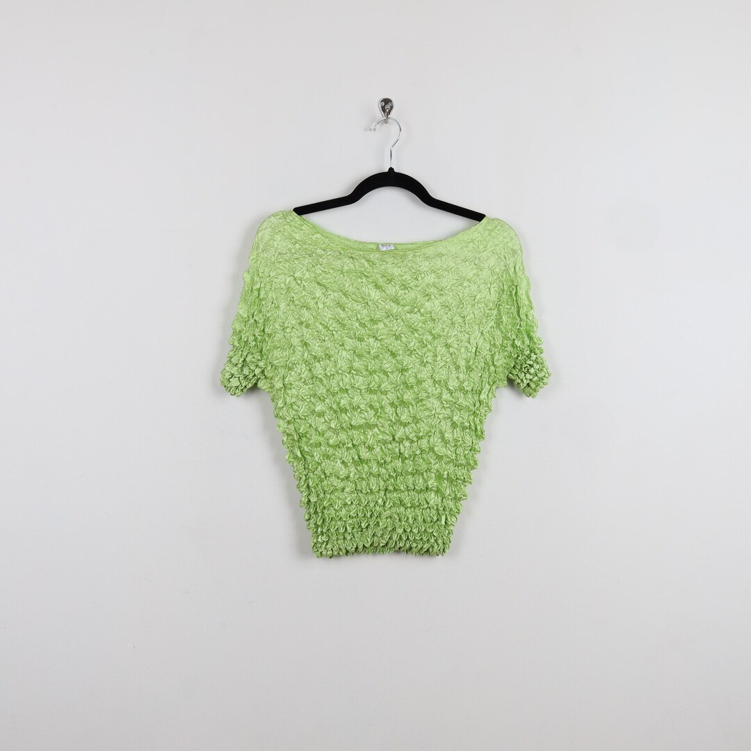 Vintage 90s Green Harajuku Popcorn Crop Top Blouse Crumpled Crinkled ...