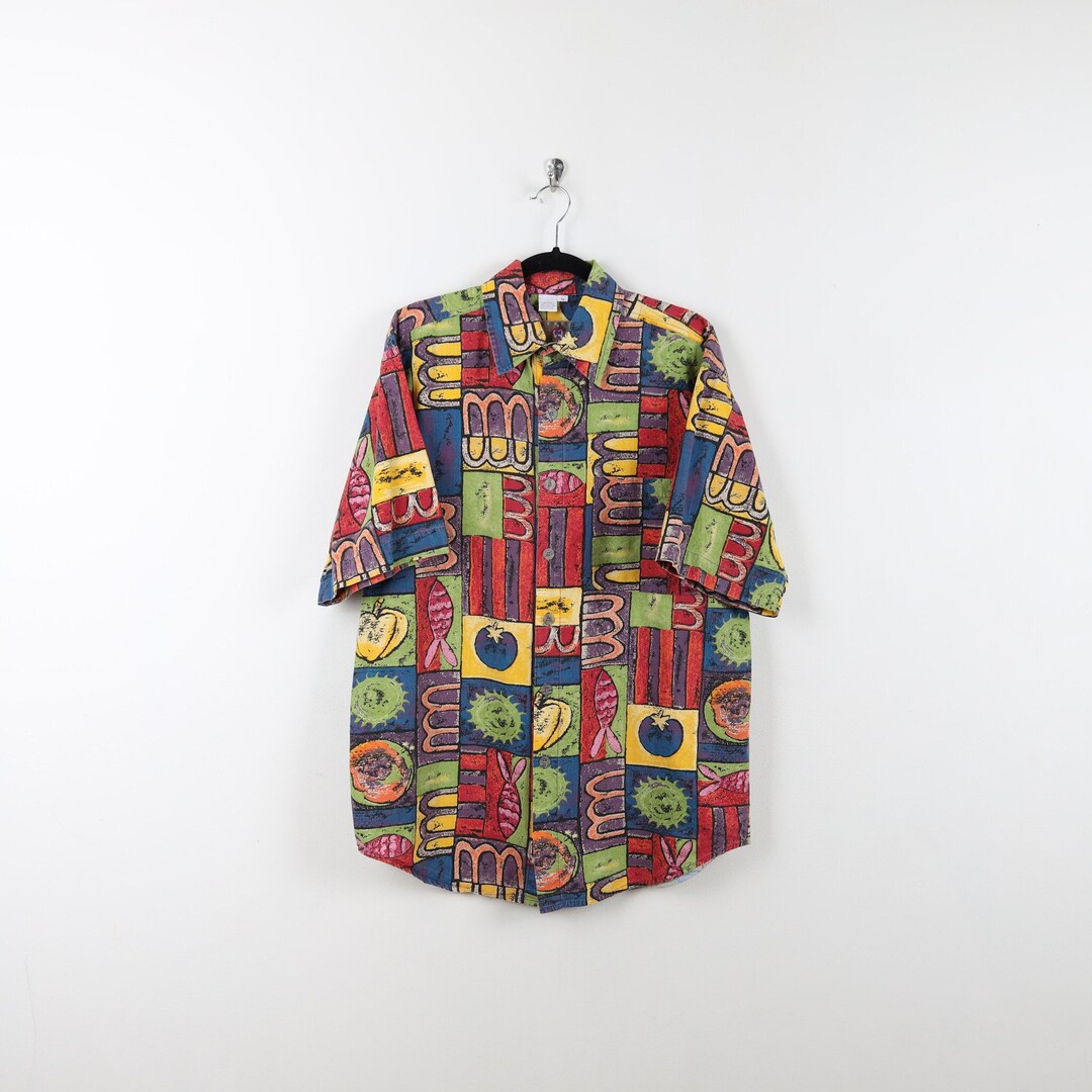 Vintage 90s Abstract Food Fish Vegetables Print Pattern Multicolor ...