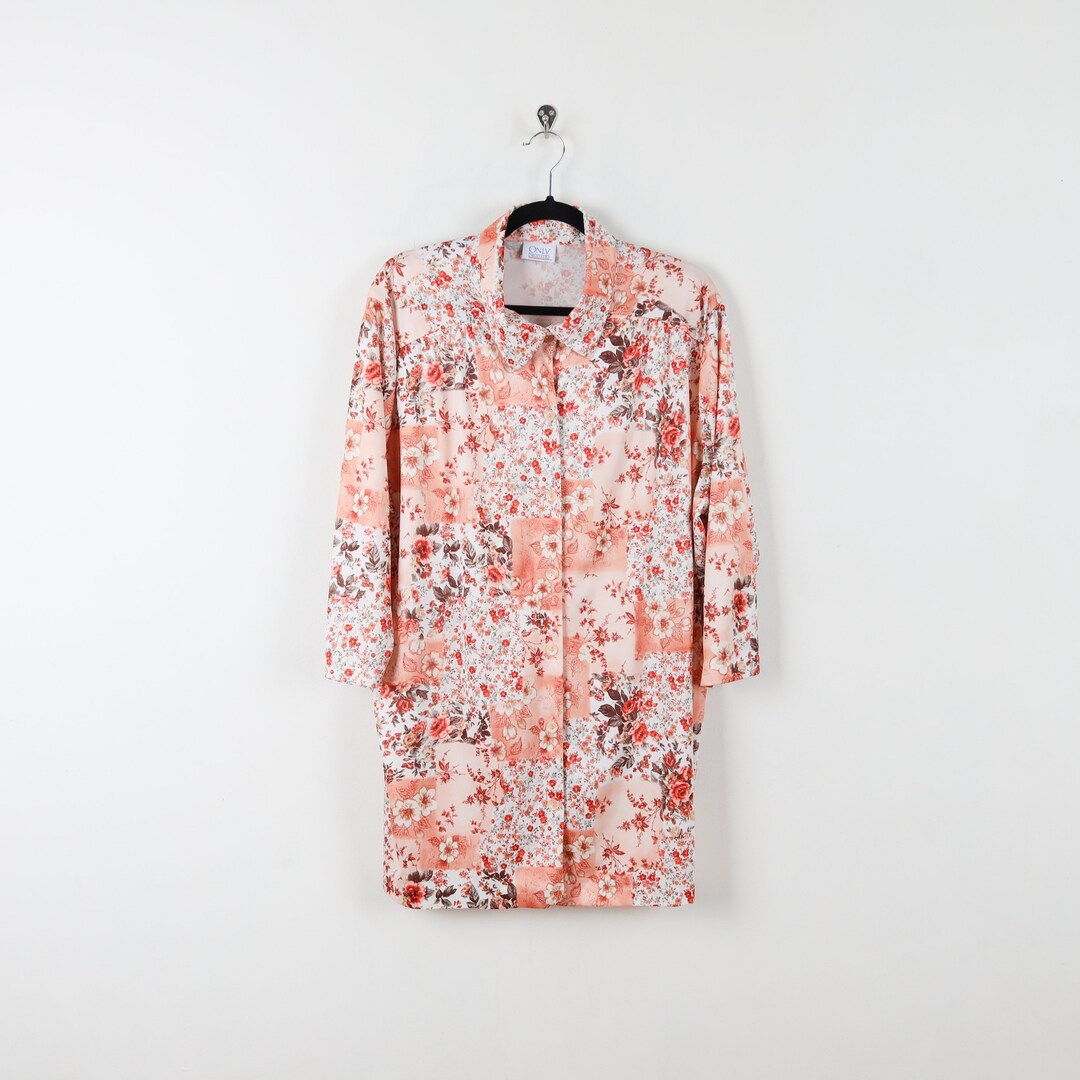 Vintage 80s PLUS SIZE Peach Floral Print Pattern Long Sleeve Grunge ...
