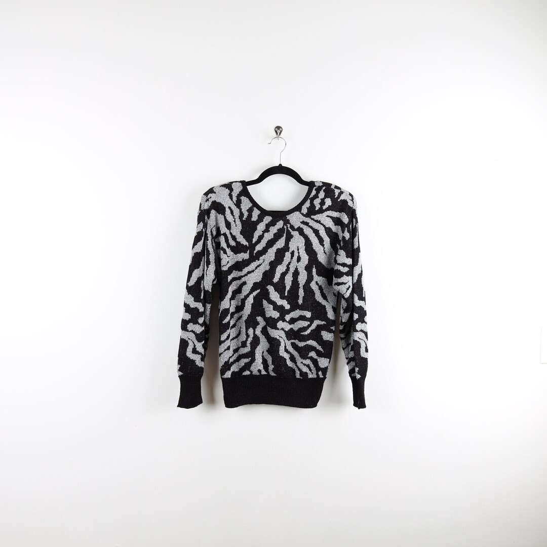 Vintage 80s Black & Silver Zebra Print Pattern Knit Sweater Animal ...
