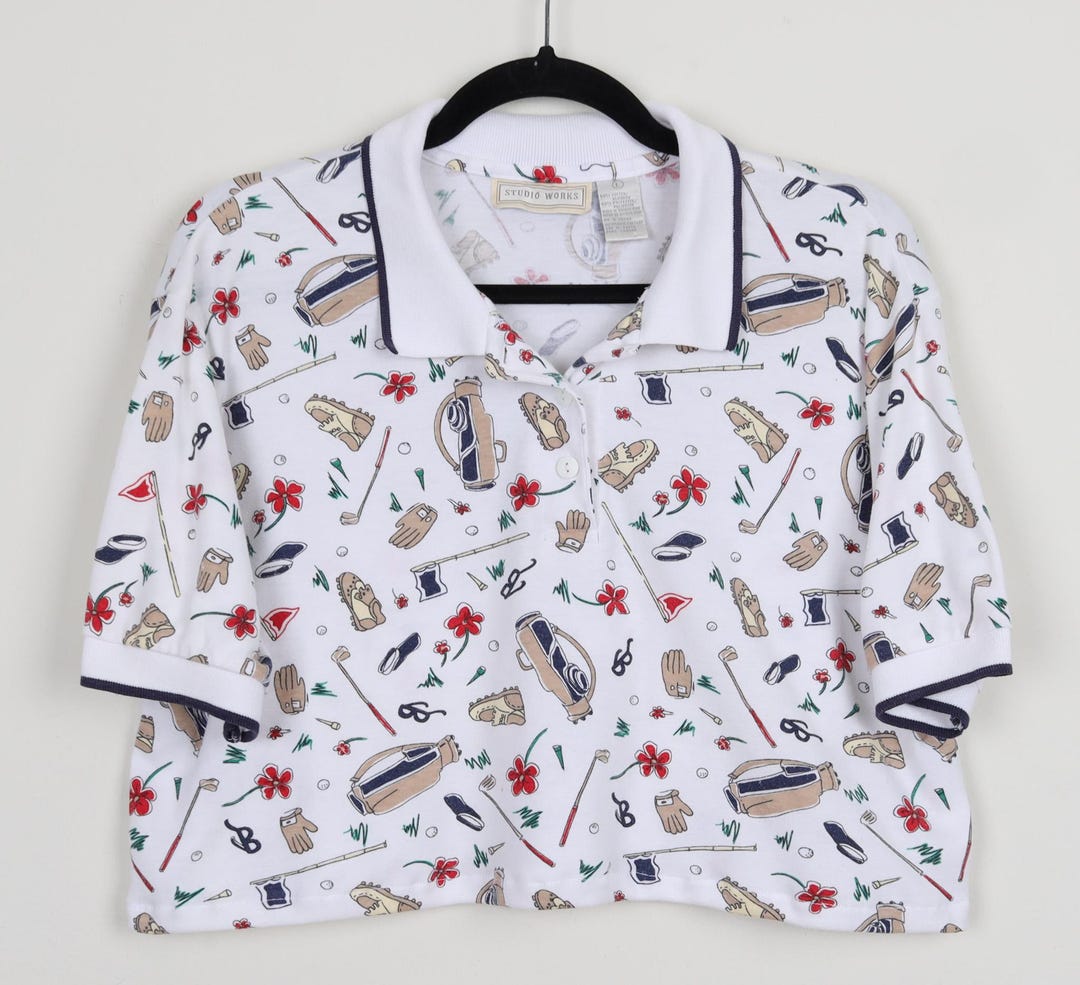 Vintage 90s Golf Gear AOP All Over Print White Graphic Print Crop Top ...