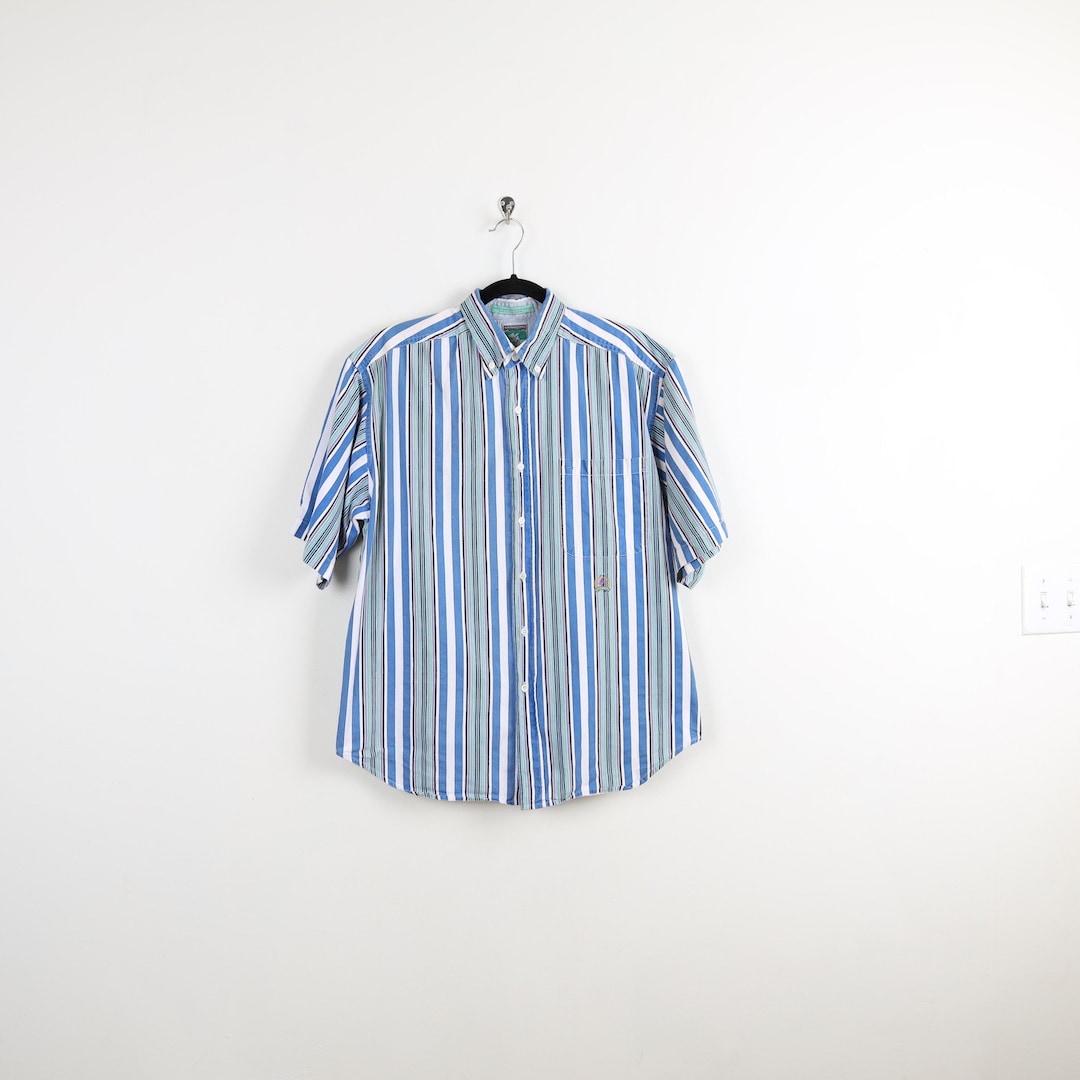 Vintage 90s Vertical Striped Embroidered Soccer Blue Short Sleeve ...