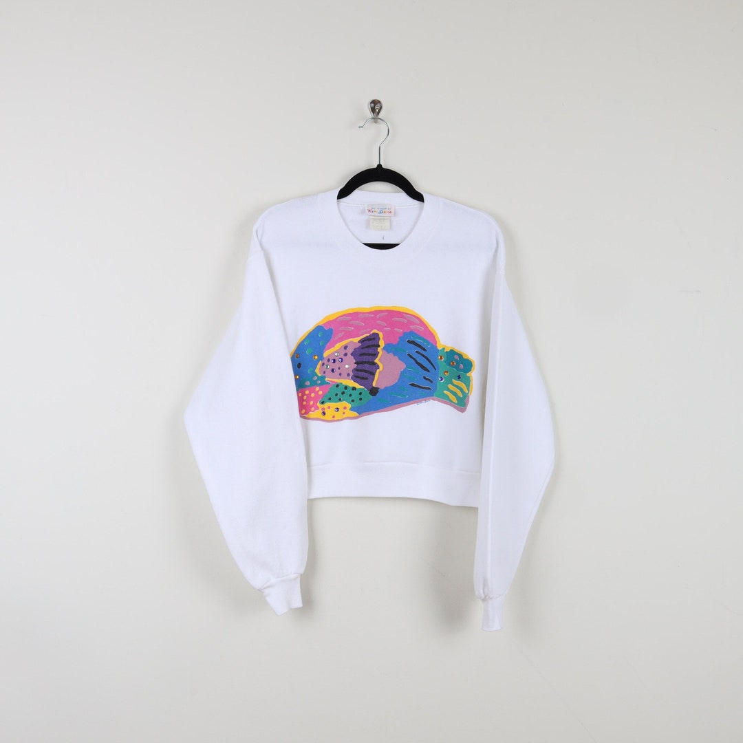 Vintage Y2K White Bejeweled Fish Art Graphic Cropped Crew Neck Jewel ...
