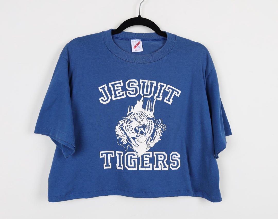 Vintage 90s Jesuit Tigers Blue Graphic Print Crop Top Tshirt Jesuit ...