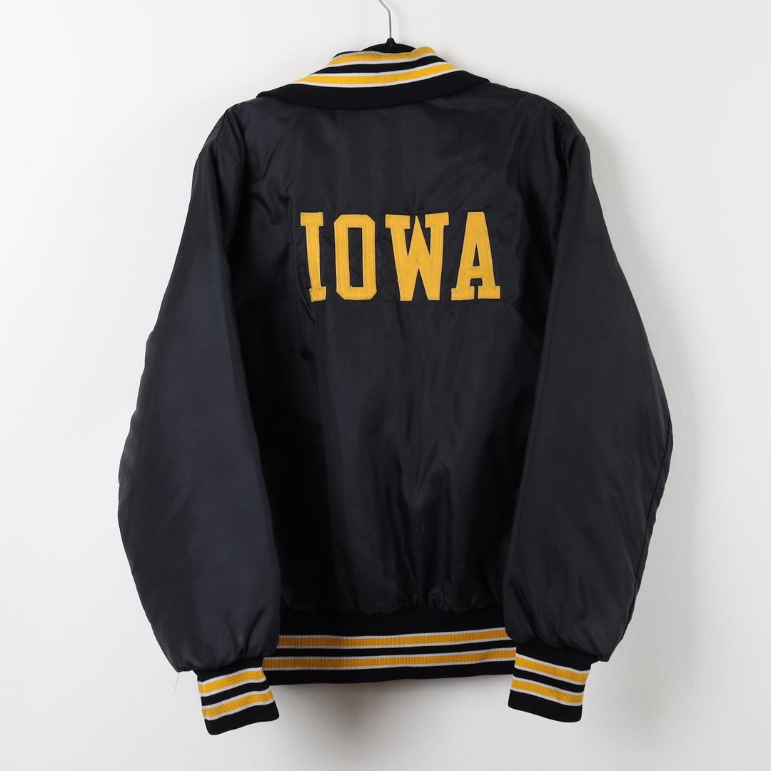 Vintage 90s IOWA Black Varsity Jacket Embroidered Chalk Line Striped ...