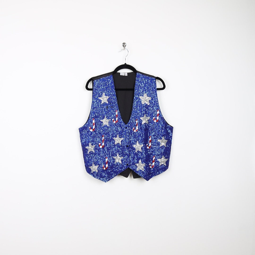 Vintage 90s Blue & Silver Sequined Stars and Candy Sticks Pattern Vest ...