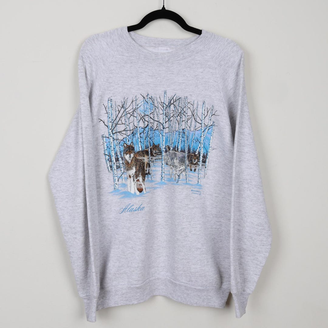 Vintage 90s Alaska Wolves Wild Animals Gray Graphic Print Crewneck ...