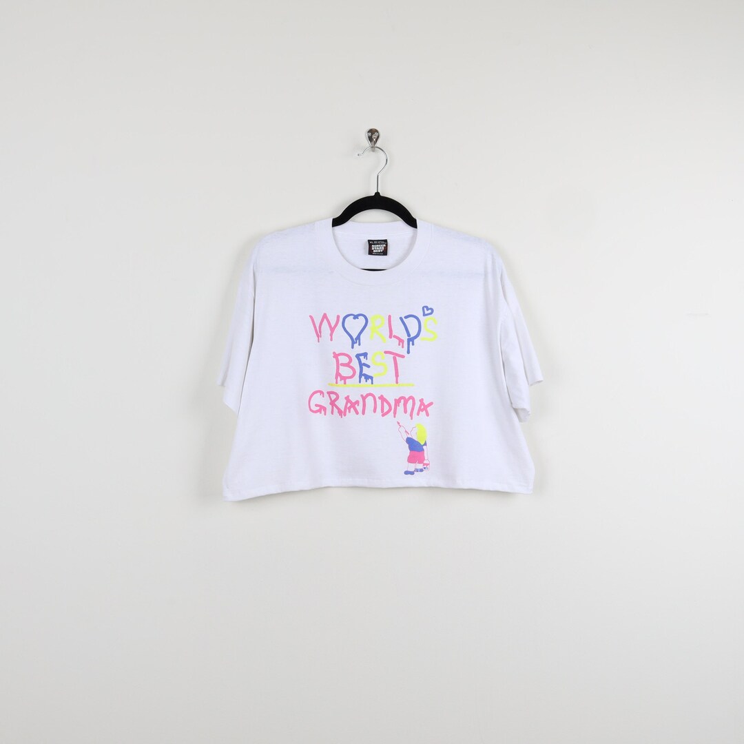 Vintage 90s Worlds Best Grandma White Graphic Print Cropped Tee Single ...