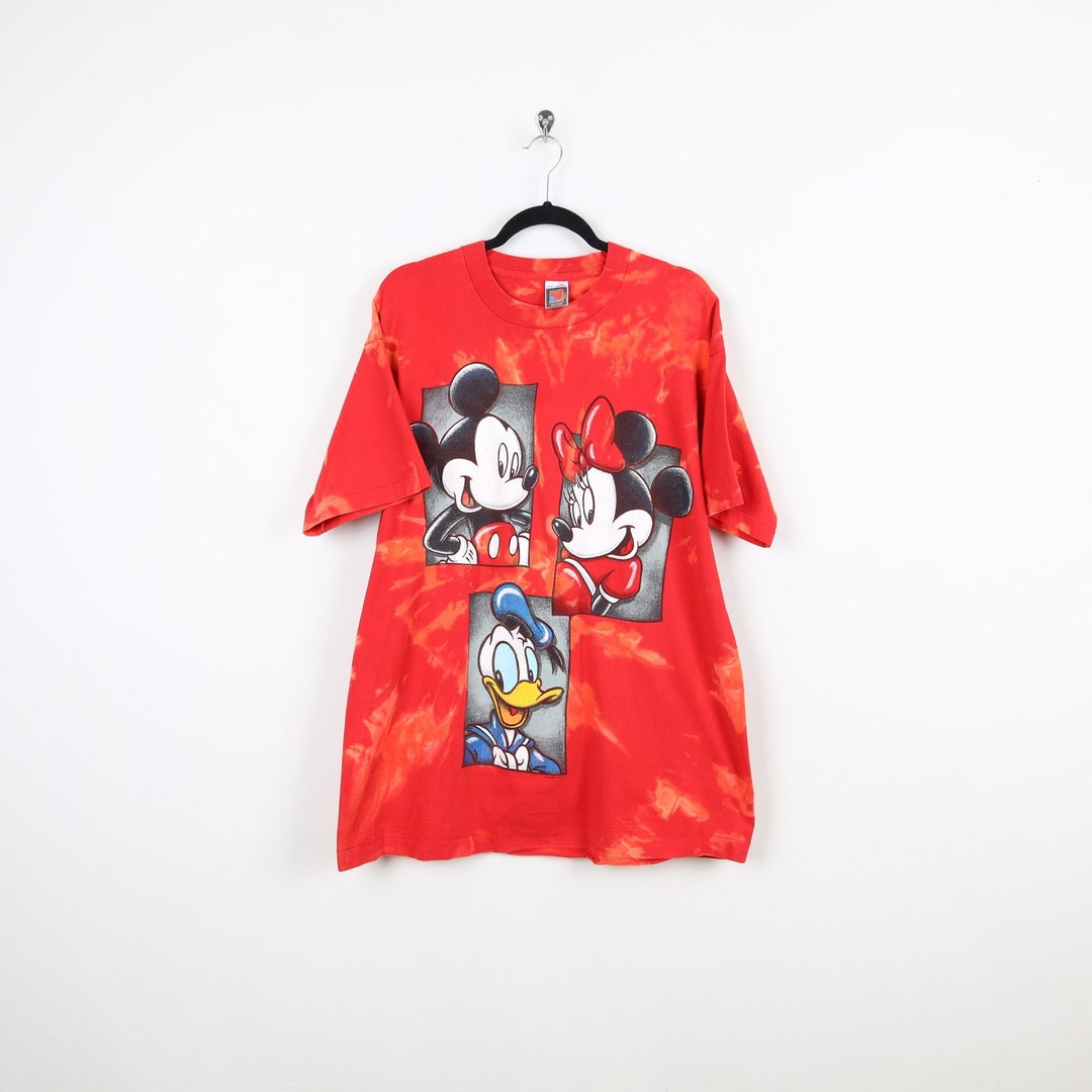 Vintage Y2K Mickey and Minnie Mouse Donald Duck Red Bleach Dye Graphic ...