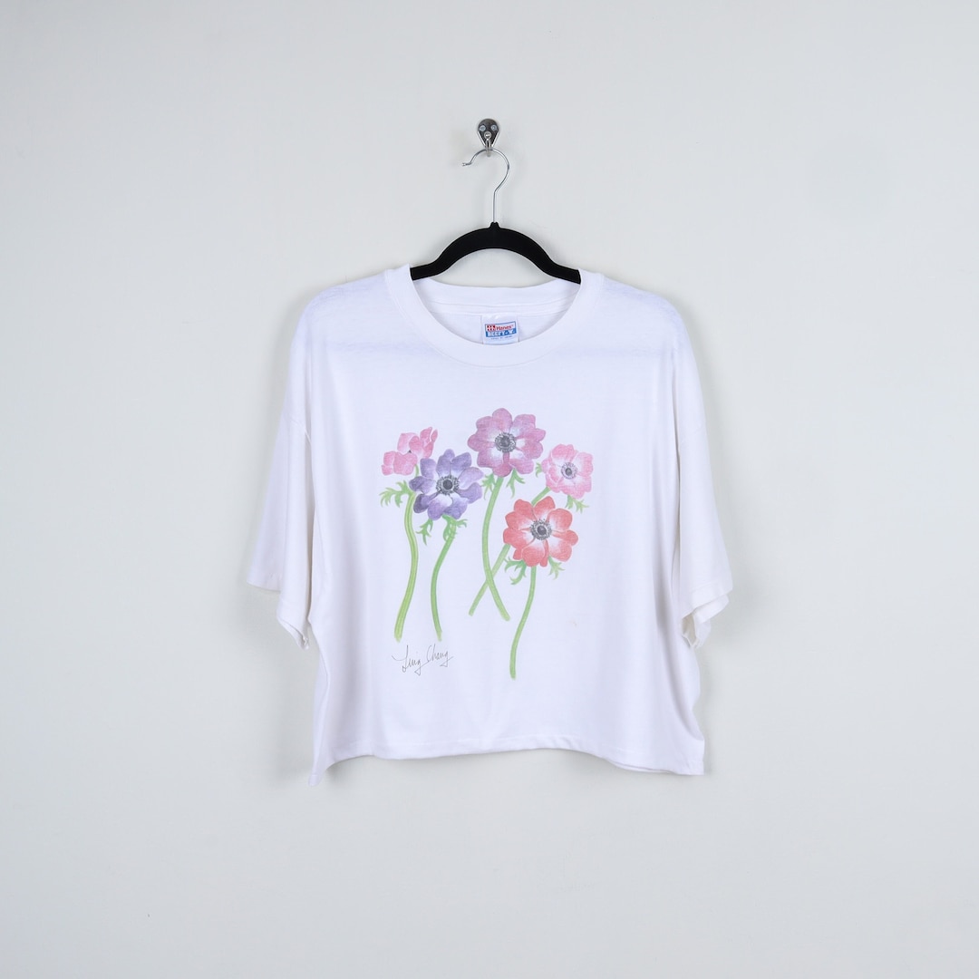 Vintage 90s White Ling Chang Floral Graphic Print Cropped Tee Reworked ...